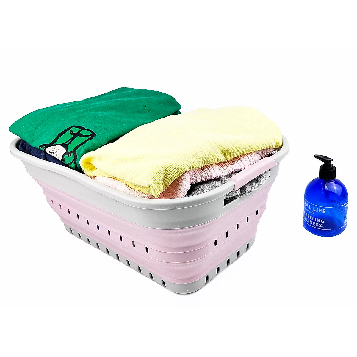 SAMMART 21L (5.5 gallon) Super Mini Collapsible 3 Handled Plastic Basket - Foldable Pop Up Storage Container/Organizer - Space Saving Hamper/Basket (Grey/Pale Pink)