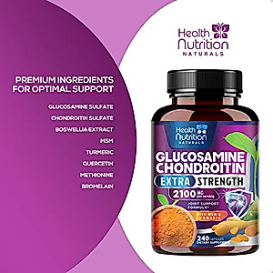 Glucosamine with Chondroitin Sulfate, Turmeric, MSM, Boswellia - Triple Strength Joint Support Supplement - Support for Joint Health and Mobility - Includes Quercetin, Bromelain - 240 Capsules