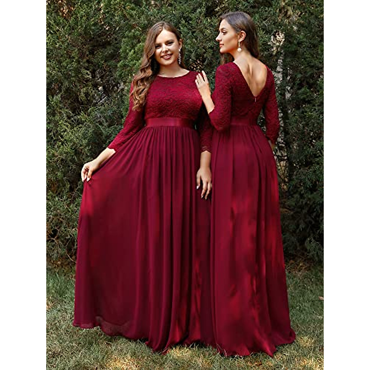 Ever-Pretty Women Lace Elegant 3/4 Sleeve Summer Maxi Evening Gown Burgundy US12