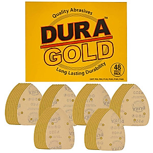 Dura-Gold Premium Mouse Detail Sander Sandpaper, 48 Assorted Grit Sanding Sheets - 60, 80, 120, 220, 320, 400-5 Hole Pattern Hook & Loop Triangle Mouse Discs - Woodworking Wood Crafting, Auto Paint