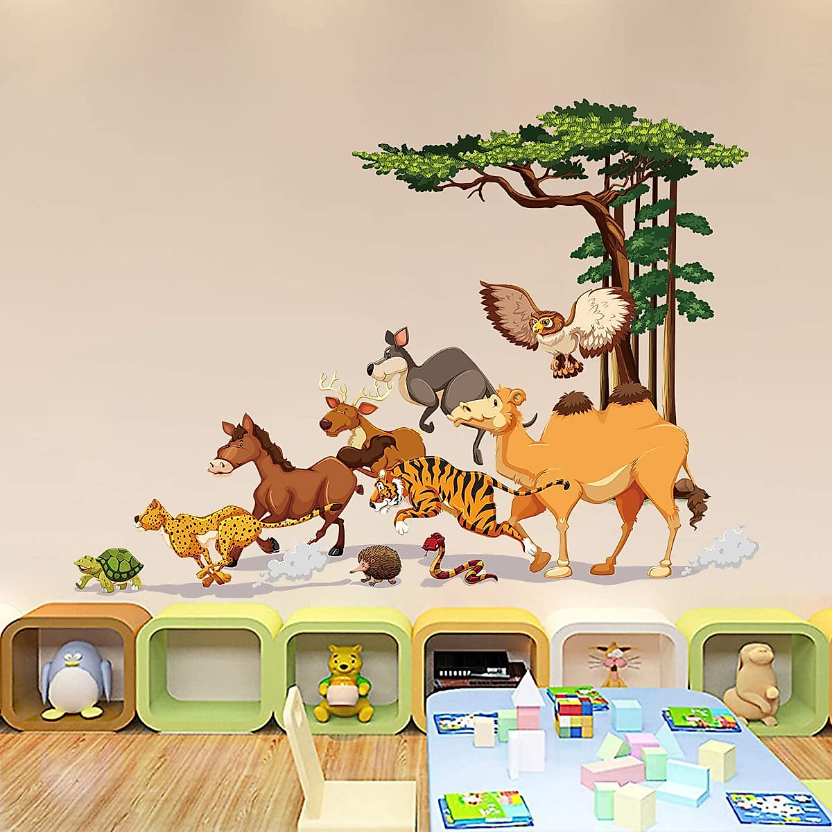 MEFOSS Removable Cartoon Jungle Animal Big Tree Wall Decals Creative Tiger Horse Leopard Turtle Wall Stickers Peel and Stick Wall Decals for Kids Bedroom Playroom Nursery Wall Decor (A)