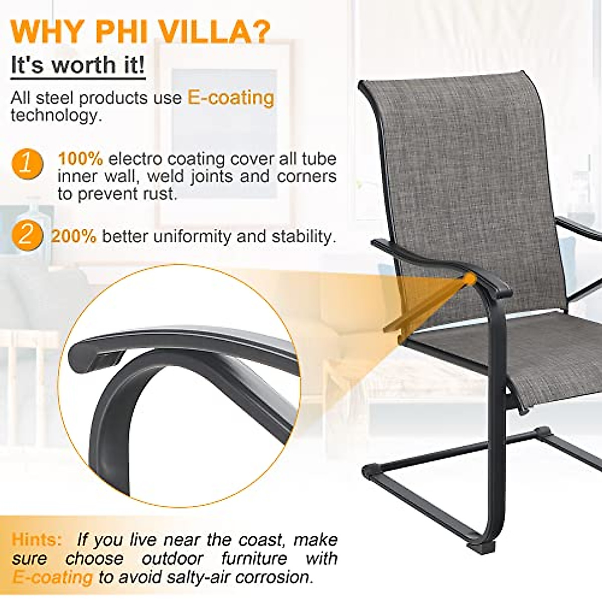 PHI VILLA 8 pcs Outdoor Dining Set with 13ft Double-Sided Market Umbrella(Blue), Rectangle Wood-Like Metal Table and 6 Spring Dining Chairs,Slightly Rocking for Garden, Lawn,Yard