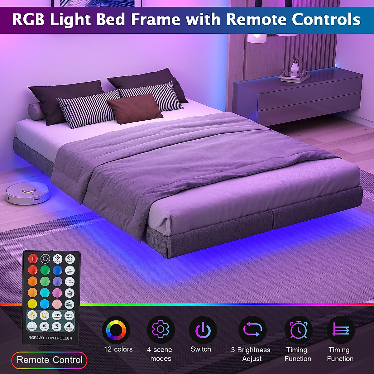 Floating Bed Frame Full Size, Metal Platform Full Bed Frame with LED Lights Remote Control RGB and Under Bed Storage, Heavy Duty Steel Slats Support, No Box Spring Needed, Noise Free, Easy Assembly