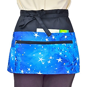 Fiodrimy Server Apron Waitress Apron with 6 Pockets, Half Waist Aprons Restaurant Chef Aprons for Women Men Home Cooking Restaurant Serving Work (Blue Starry)