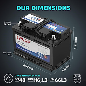 UPLUS BCI Group 48 Car Battery, AGM-L70-M Maintenance Free 12V 70Ah Premium AGM Batteries H6 L3 Automotive Battery, 760CCA, 80RC