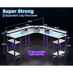 Coleshome L Shaped Gaming Desk with LED Lights & Power Outlets, Reversible 56" Computer Desk with Full Monitor Stand & Storage Shelves, Ergonomic Home Office Corner Desk, White