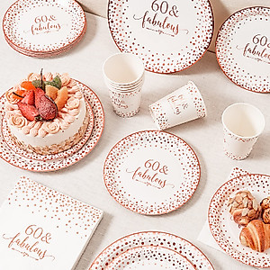 Crisky Rose Gold Foil 60 Fabulous Napkins Plates Cups Set for Women 60th Birthday Party Decorations Supplies, Disposable Tableware Set of 24 (9" Plates, 7" Plates, Luncheon Napkins, 9oz Cups)