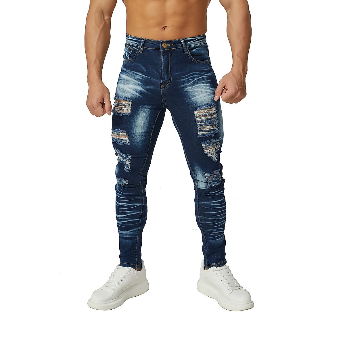HUNGSON Men's Ripped Skinny Jeans Stretchy Slim Fit Jeans Pants for Men