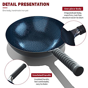 LEPAYU Cast Iron Skillets,12.6 Inch Non-Stick Chinese Woks Traditional Round Bottom Wok No Coating Iron Wok Pure Hand Hammered Wok