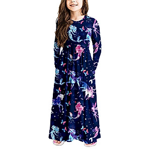 storeofbaby Girls Print Dress Horse Butterfly Long Sleeve Starry Holiday Maxi Dresses