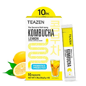 Teazen Kombucha Tea, Zero Sugar, Sparkling Fermented Powdered Mix Beverage from Korea, Live Probiotics & Prebiotics, 10 Sticks, 1.76oz (Lemon)