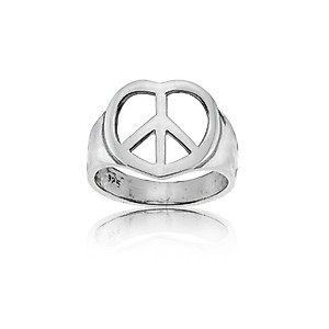 Hoops & Loops 925 Sterling Silver Heart Peace Sign Statement Signet Style Ring for Women Men Teen Girls, Size 7