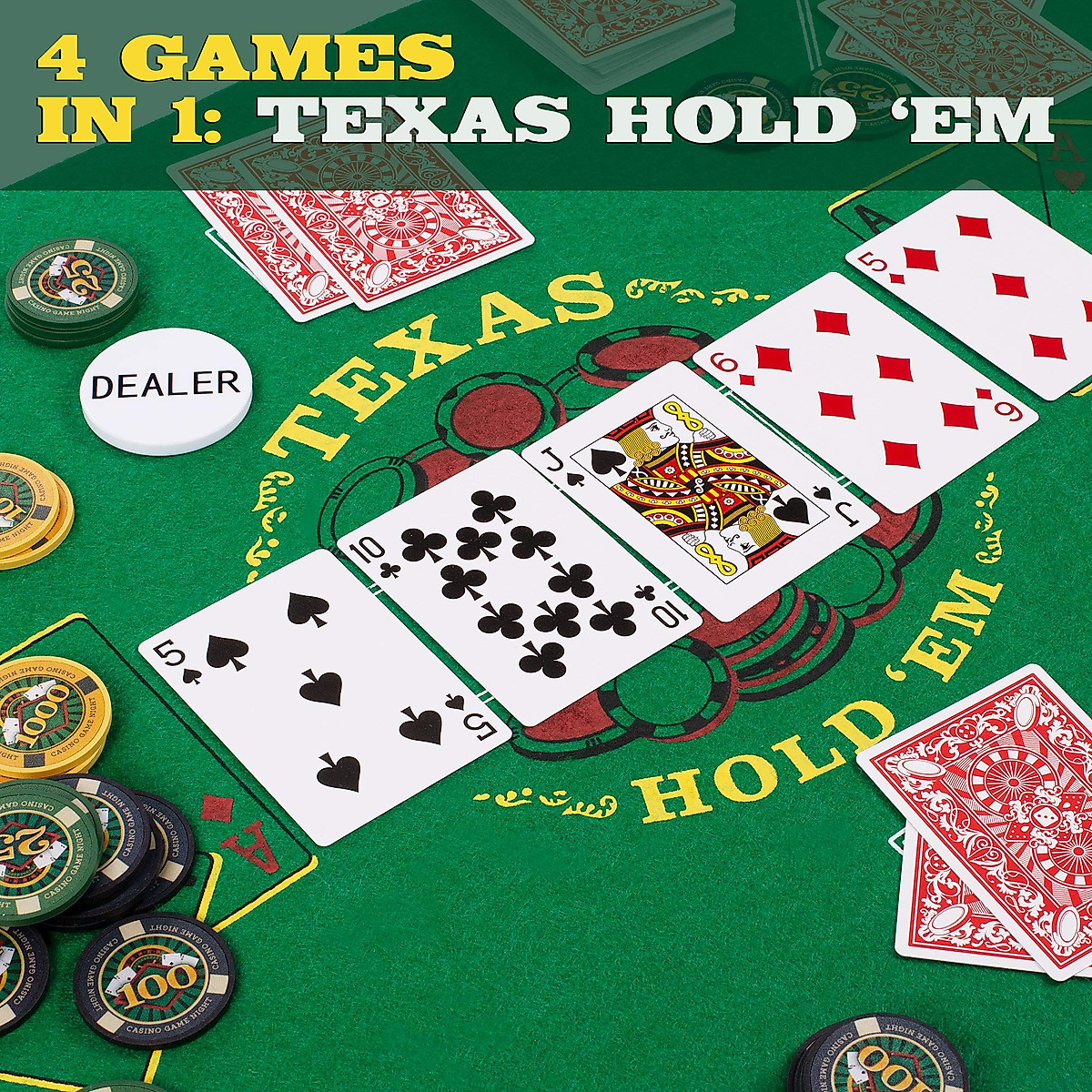 Brybelly Casino Night 4-in-1 Complete Game Set with Felts, Wheel, 100 Chips, Dice & Cards for Blackjack, Craps, Roulette & Texas Hold'em - Green Felt Double Sided Casino Tabletop Gaming Mat