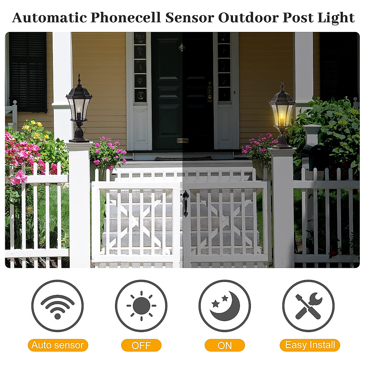 GOALPLUS 24" Outdoor Post Light with Dusk to Dawn Sensor, Exterior Post Lantern Fixture with Pier Mount, Antique Bronze Post Lamp with Seeded Glass, Aluminum Pole Lantern for Garden, Yard