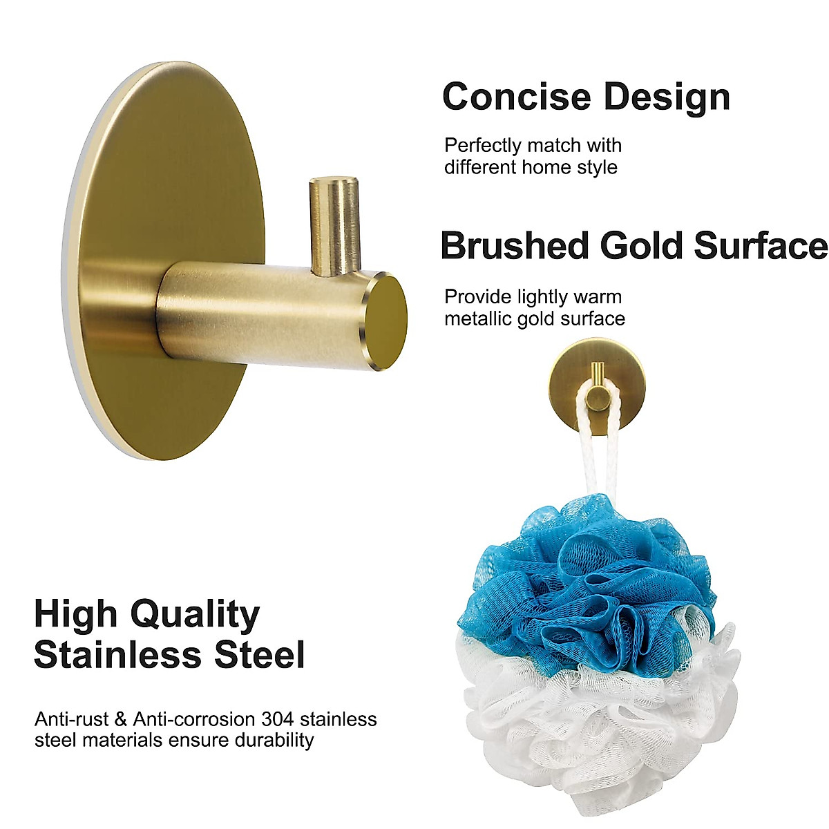 HouseAid Self Adhesive Circle Towel Hooks, No Drilling Stainless Steel Robe Hook Holder, Brushed Gold (6 Pack)