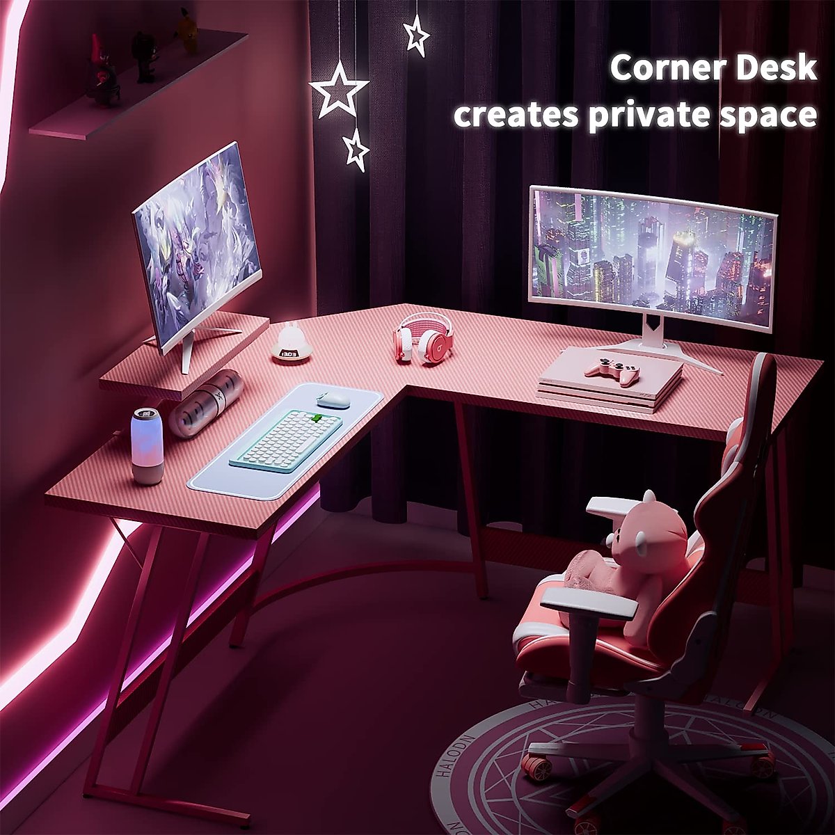 VICTONE L Shaped Gaming Desk, Corner Desk with Monitor Stand, Computer PC Table for Home Office Writing Studying Working, Space-Saving, Easy Assemble(Pink,51'')
