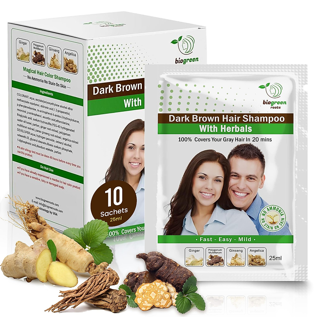 BIOGREEN ROOTS Ammonia-Free Herbal Hair Shampoo - Effectively Covers Gray Hair for Men and Women - Natural Color and Herbal Nourishment - No Stain on Skin - Dark Brown (10 sachets x 25 ml)