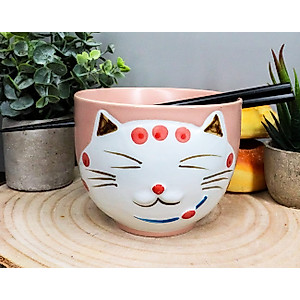 Ebros Whimsical Ceramic Peachy Pink Lucky Meow Cat Pasta Ramen Udong Pho Noodles Soup Bowl and Chopsticks Set Dining Gourmet Meal Feline Cats Collection Rice Bowls Decor Kitchen