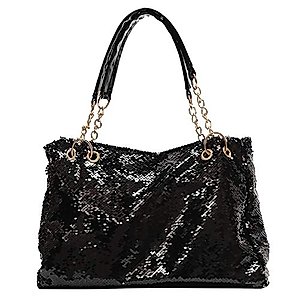 QTKJ Fashion Two Tone Reversible Sequin Tote Bag Zipper Shoulder Bag with Chain and Leather Straps (Black)