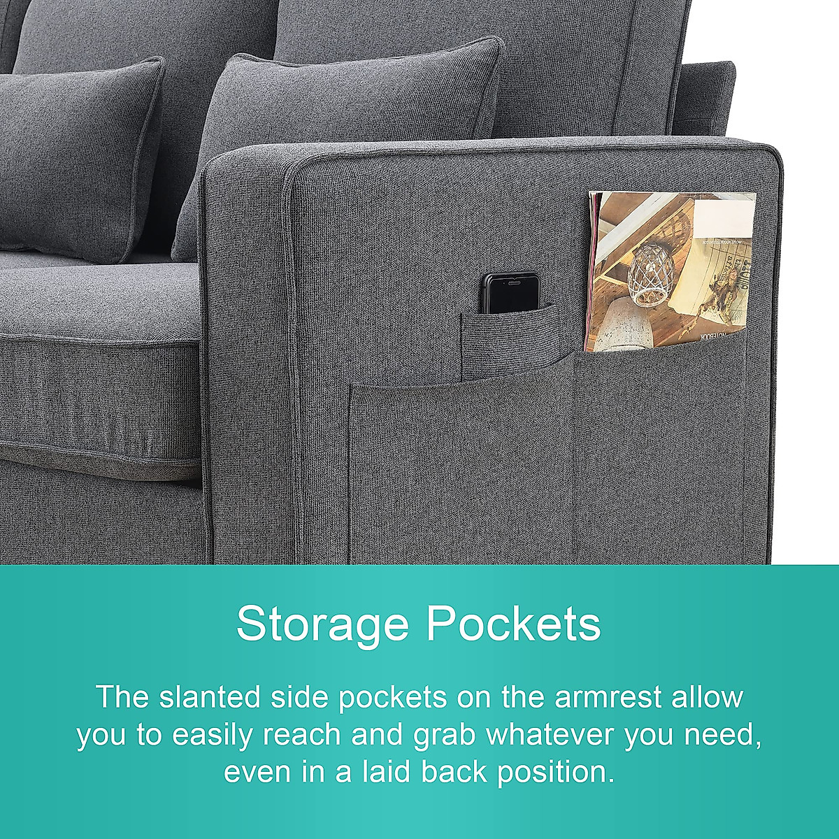 BIADNBZ Linen Fabric 4-Seater Sofa Modern Couch Furniture with Armrest Storage Pockets and 4 Pillows, for Living Room Apartment, 104inch, Dark Gray