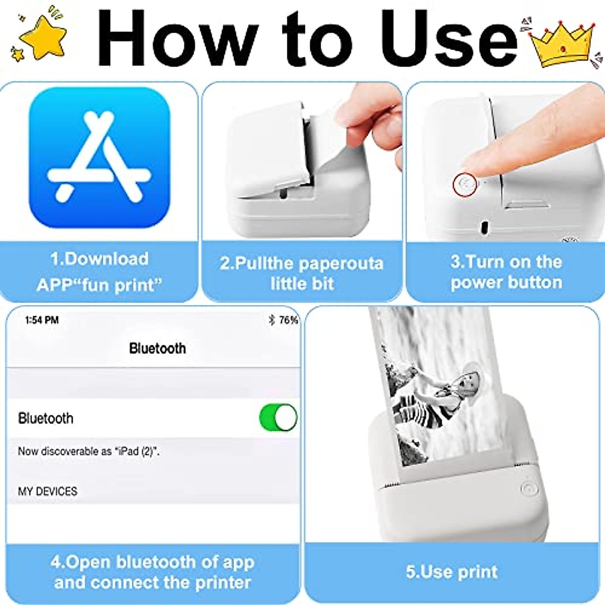 Carpower Mini Printer Portable, Pocket Thermal Printer with 7 Rolls Paper, Bluetooth Wireless Instant Photo Printer Compatible with iOS Android for Picture Receipt Label Note QR Code Inkless Printing