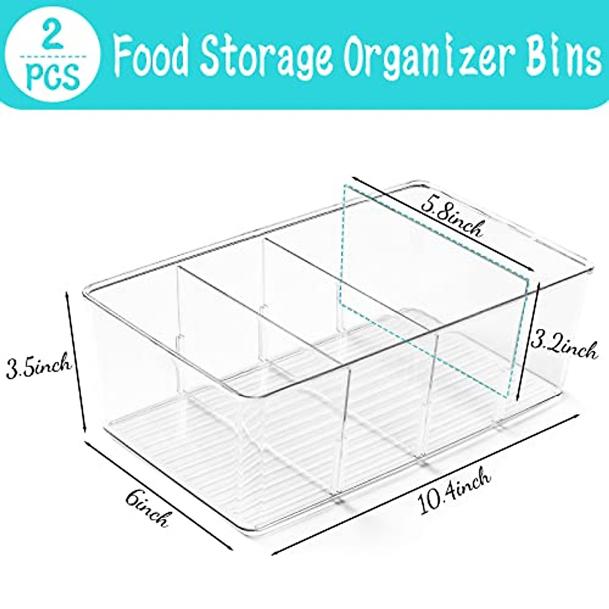 HANSGO Food Storage Organizer Bins, 2PCS Stackable Clear Plastic Organizer Bins with 6 Dividers Removable Pantry Organization and Storage Bins for Cereal Snacks Tea Seasoning