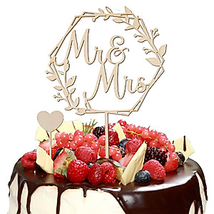 AOZUO Mr & Mrs Wedding Cake Topper, Wooden Rustic Style Wedding Cake Topper Bride and Groom Romantic Cake Decor Wood Heart Shaped Topper for Engagement Anniversary Party