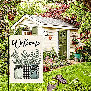 AVOIN colorlife Eucalyptus Mason Jar Spring Summer Garden Flag 12x18 Inch Double Sided Outside, Buffalo Plaid Welcome Yard Outdoor Flag