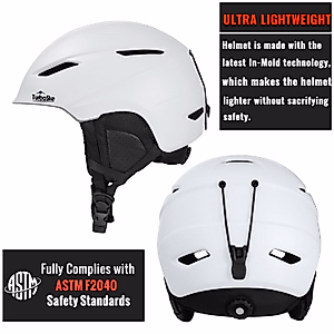 TurboSke Ski Helmet, Snowboard Helmet Snow Sports Helmet, Audio Compatible Helmet for Men, Women and Youth (L, White)