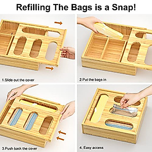 MeetGreat Bag Storage Organizer for Kitchen Drawer, Bamboo Ziplock Bag Dispenser, Storage Bag Holders, Compatible with Gallon, Quart, Sandwich and Snack Variety Size Bag (1 Box 4 Slots)