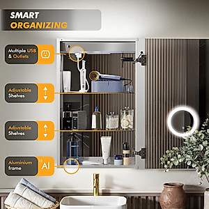 KRISTALLUM LED Lighted Medicine Cabinet Front & Backlit Dimmable Colours, Clock & Temp, USB Outlets (20 x 32inc)