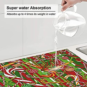 Merry Christmas Printed Drying Mat For Kitchen Ultra Absorbent Microfiber Dishes Drainer Mats Non-Slip Silicone Quick Dry Pad - 18 X 16inch