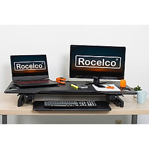 Rocelco 46" Large Height Adjustable Standing Desk Converter, Quick Sit Standup Triple Monitor Riser, Gas Spring Assist Computer Workstation, Retractable Keyboard Tray, (R DADRB-46), Black