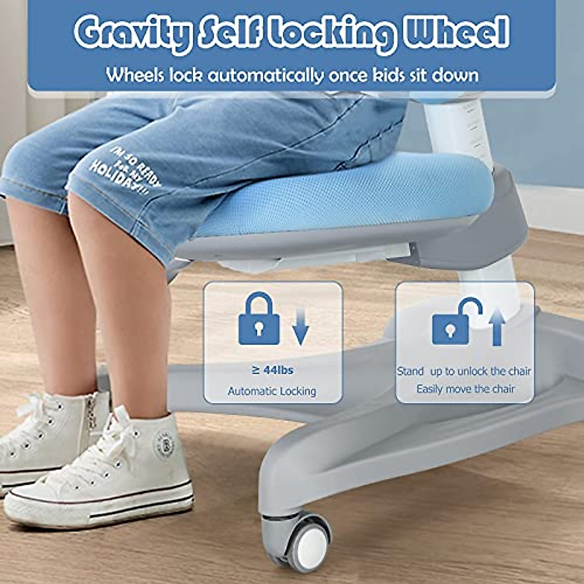Costzon Kids Chair, Adjustable Height Student Chair w/Sit-Brake Casters, Lumbar Support, Seat Depth Adjustable, Home School Ergonomic Computer Chair for 3-18 Years Old, Kids Desk Chair (Blue)