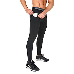 SILKWORLD Men's Compression Workout Pants Cool Dry Running Leggings Baselayer Athletic Tights, Pack of 3_Dark Navy+Black(Blue Double Stripe)+White,Large