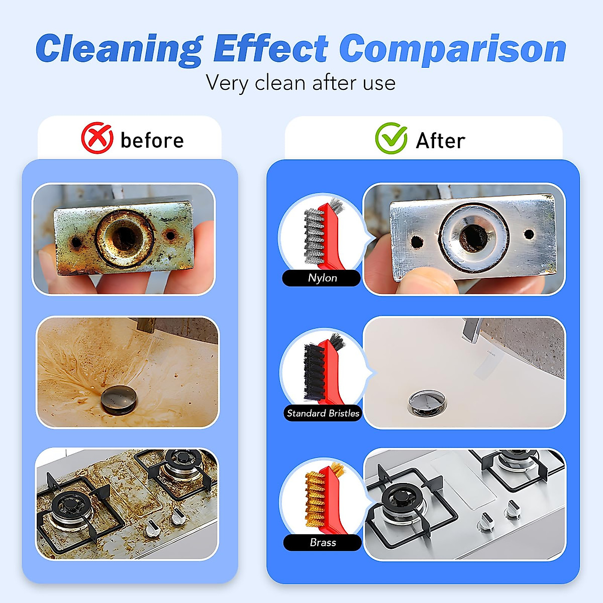 Wire Brush Set, 6 Pcs Brass/Stainless Steel/Nylon Wire Brushes for Cleaning with Curved Handle Grip for Rust Removal, Dirt, Paint Scrubbing