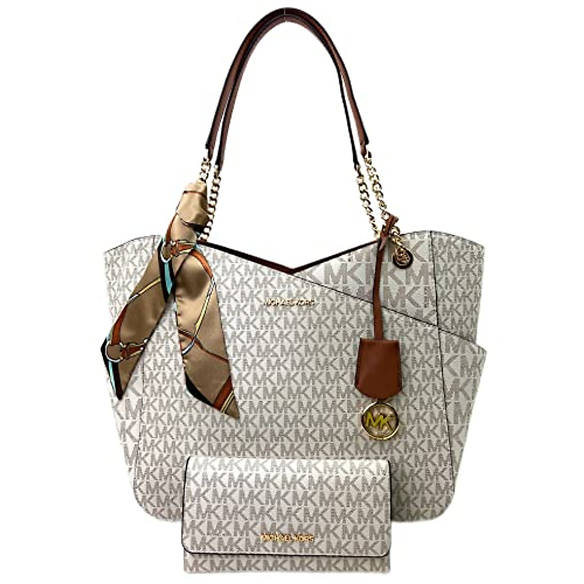 MICHAEL Michael Kors Jet Set Travel Large Chain Shoulder Tote bundled with Michael Kors Jet Set Travel Trifold Wallet (Signature MK Vanilla)