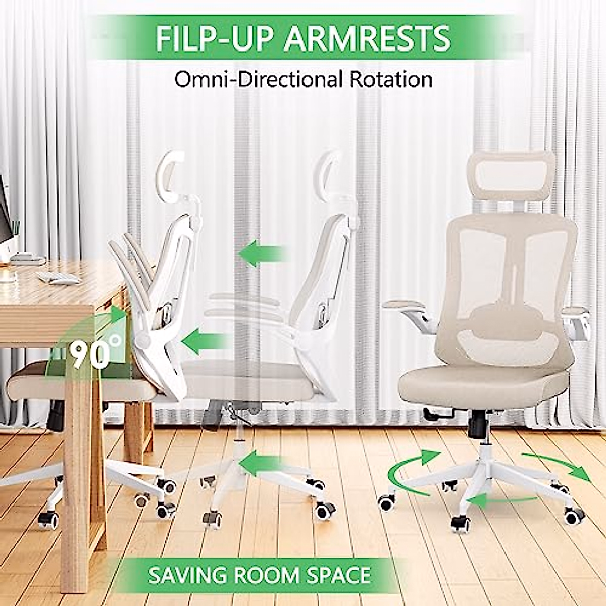 balmstar Ergonomic Office Chair, Home Office Desk Chair with Adjustable Headrest & Lumbar Support, Swivel High Back Computer Chair, Breathable Mesh Desk Chair, PU Silent Wheels, Flip-Up Arms (Khaki)