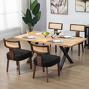 WQSLHX Rattan Dining Chairs Set of 6, Modern Kitchen Dining Room Chair with Curved Cane Back & Hardwood Frame in Dark Walnut Finish, Black Linen Upholstered