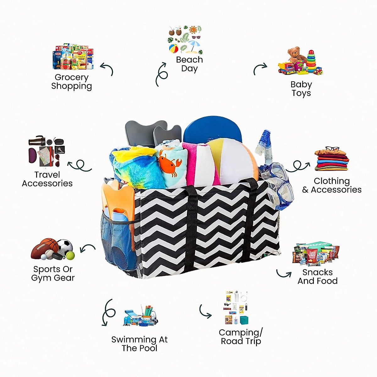 Lucazzi Extra Large Utility Tote Bag - Oversized Collapsible Reusable Wire Frame Rectangular Canvas Basket With Two Exterior Pockets For Beach, Pool, Laundry, Car Trunk, Storage - Chevron Black