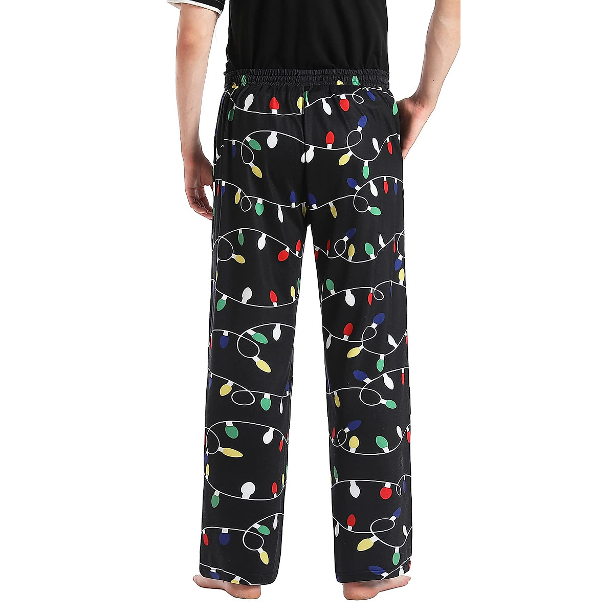 MERIABNY Mens Christmas Pajama Pants Christmas Pjs Black Colorful Lights Xmas Holiday Sleepwear Jammies for Lounging Sleeping, Medium