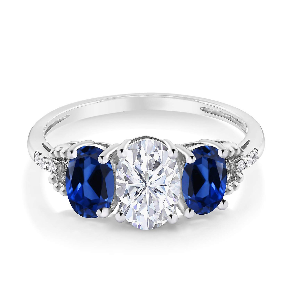 10K White Gold Created Sapphire Moissanite from Charles & Colvard and Diamond 3 Stone Women Engagement Ring (2.12 Cttw, Available In Size 5, 6, 7, 8, 9)