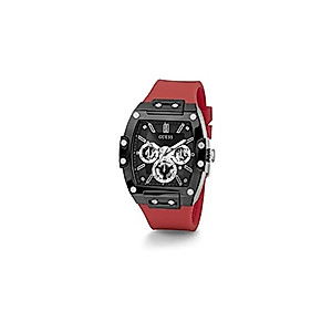 GUESS Mens Casual Multifunction 43mm Watch – Black Polycarbonate Case with Black Skeleton Dial & Red Silicone Strap