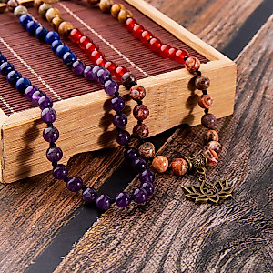 Bivei 7 Chakra 108 Mala Beads Bracelet Real Healing Gemstone Yoga Meditation Hand Knotted Mala Prayer Bead Necklace(Lotus OM-6mm beads)