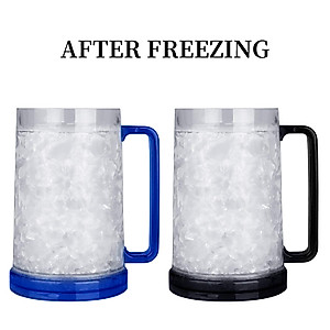 Patiomos Drinking Glasses Cups, Double Wall Gel Freezer Beer Mugs, Freezer Ice Mugs Cups, 16oz, Plastic Cooling Beer Mug Clear Set of 4 (2Blue and 2Black)