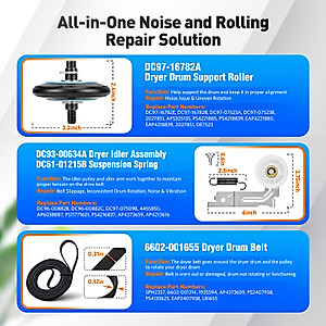 Upgraded Dryer Roller Replacement Kit for Samsung DC97-16782A Dryer Drum Support Roller DC93-00632A Dryer Idler Pulley 6602-001655 Belt Dryer Parts Fits DV42H5000EW/A3 DV45H7000EW/A2 DV48H7400EW/A2