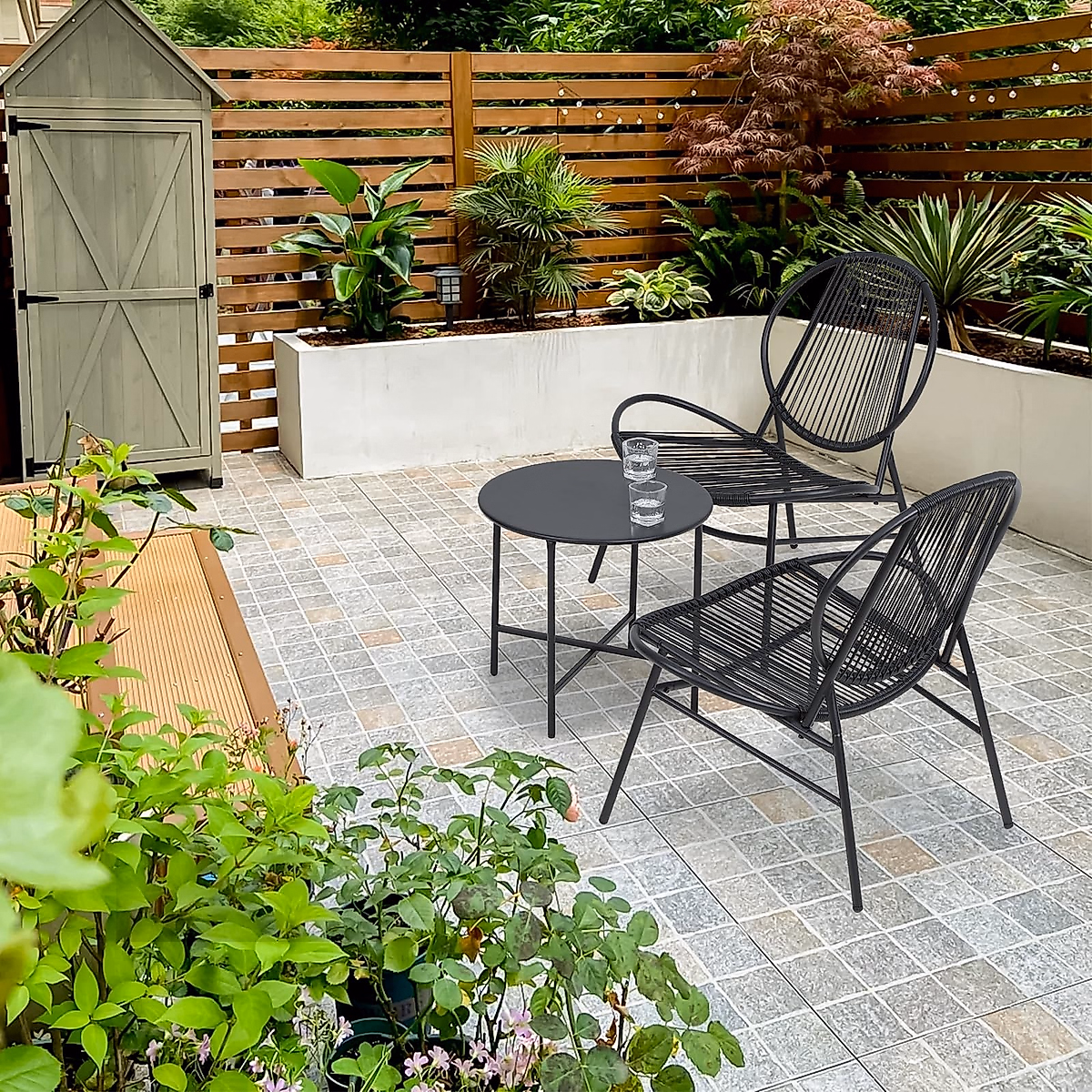 Athena Collection 3-Piece Patio Conversation Set, All-Weather Rattan Acapulco Chair and Round Table Set Bistro Set Indoor Outdoor Seating Furniture Set for Balcony, Pool, Garden, Backyard, Black