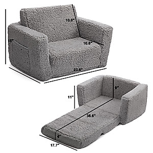 ALIMORDEN 2-in-1 Flip Out Cuddly Sherpa Toddler Couch, Convertible Sofa to Lounger, Grey