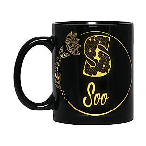Coffee Mug Personalized Soo Name & Initial Letter Monogram Floral Alphabet Mug Golden Flowers Custom Black Coffee Cup, Gift for Her Mom Coworker Sister, Wife, Girl 11oz Black Mug 849714