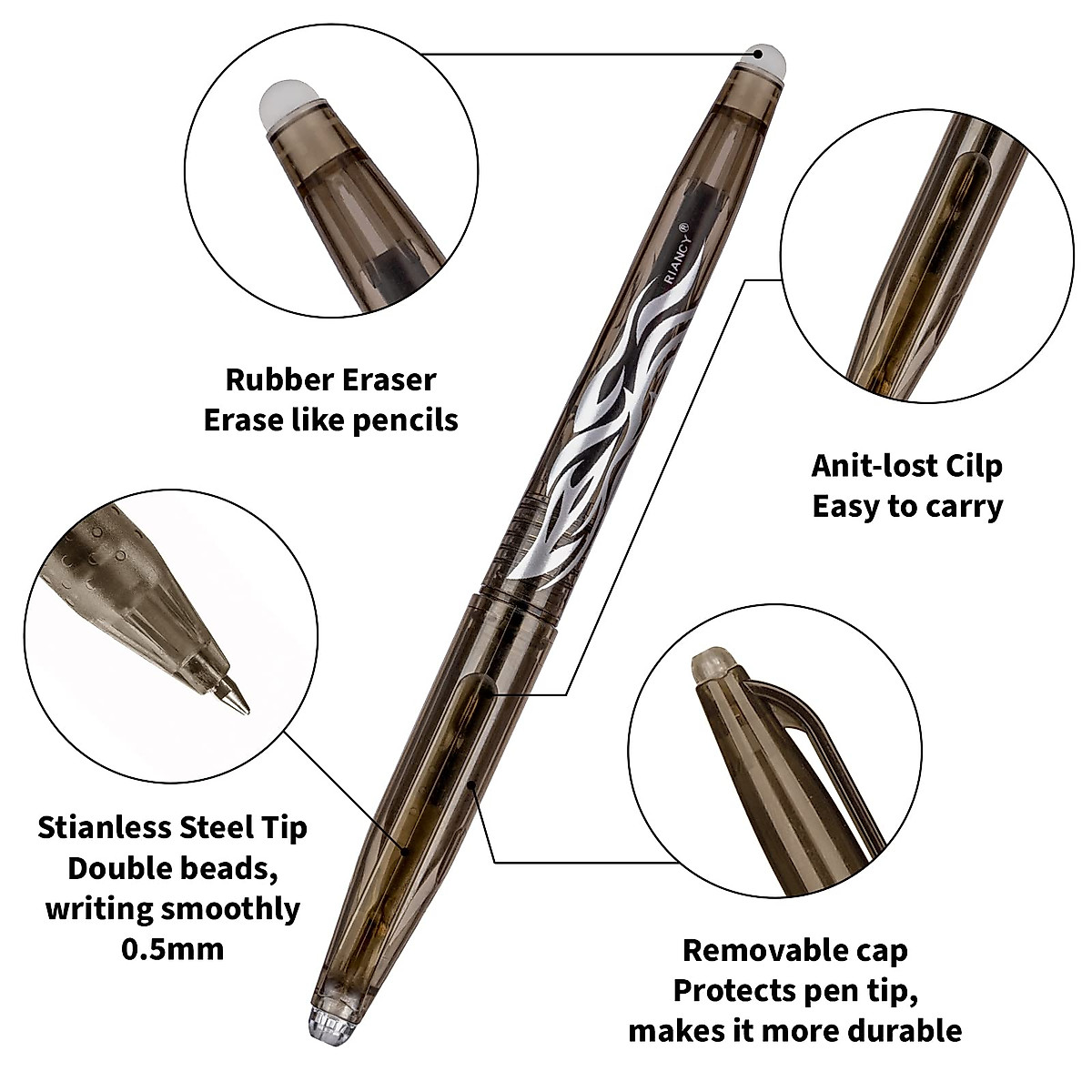 RIANCY Erasable Black Gel Pens, 8-Pack, 0.7mm Point, Quick-Drying Ink, Ideal for Sudoku, Crossword Puzzles, Homework, and More